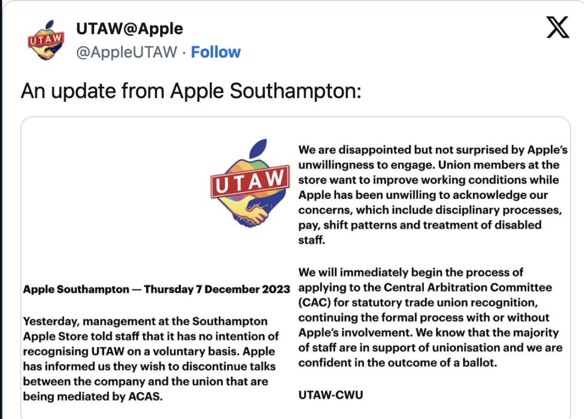 Apple has rejected the unionization efforts of its UK-based Apple ...
